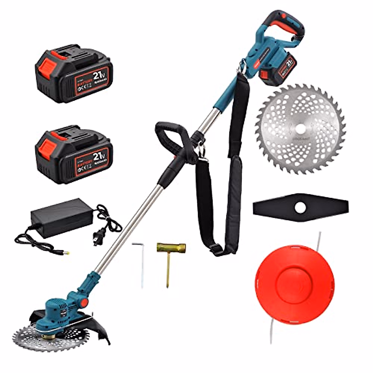 Brushless Weed Wacker 21V Electric Brush Cutter,Battery Powered Weed Eater,Cordless Grass Trimmer Push Edger Lawn Tool with Metal Blades and Shoulder Harness for Home Garden Yard Trimming Edging,Blue