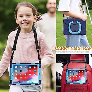BRAECN Silicone Case for iPad 9.7 Inch 6th/5th Generation, iPad Pro 9.7, iPad Air 2, Triple Protected Rugged Cover with Stable Kickstand/Hand Grip/Pencil Holder/Shoulder Strap for Kids-Navy+Blue