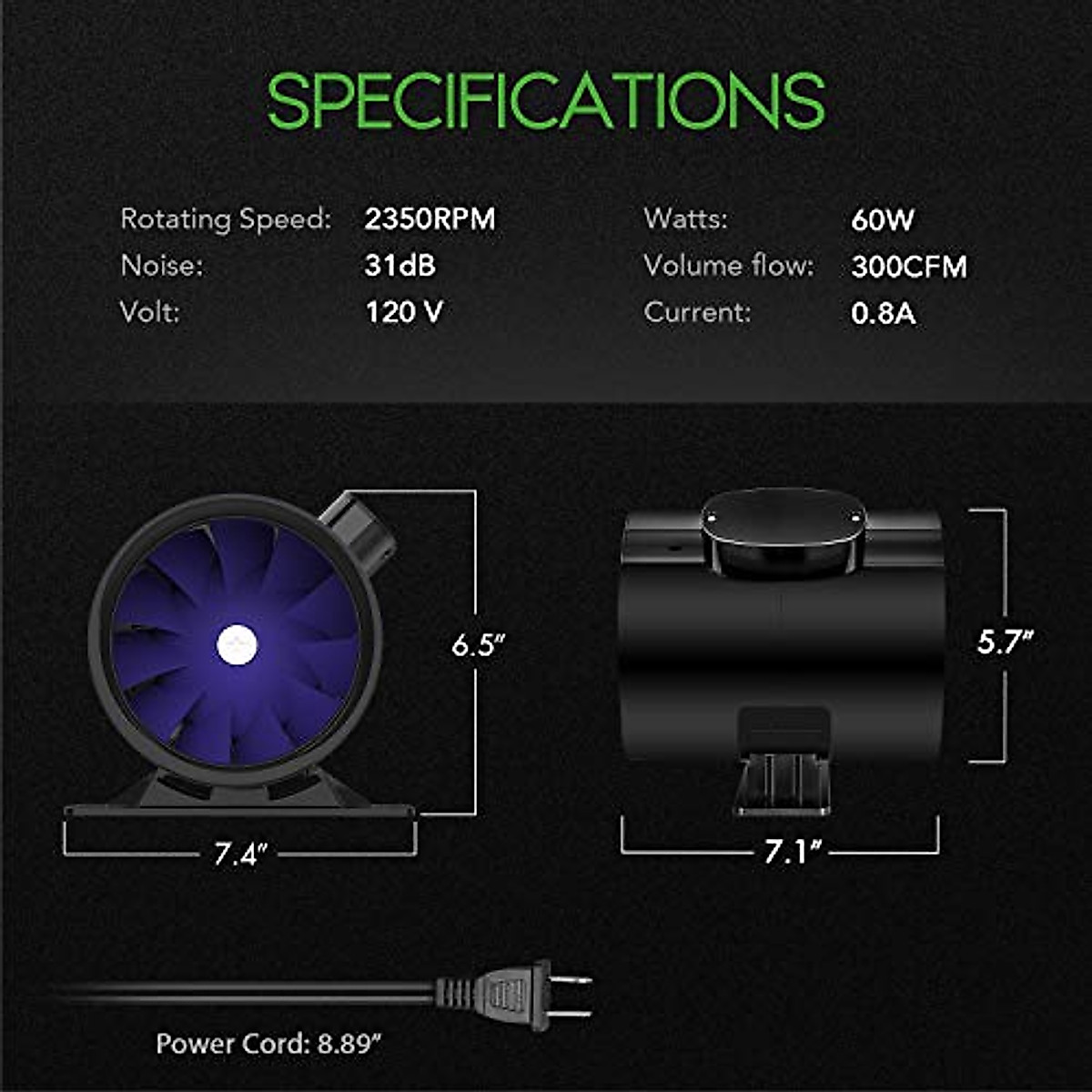 iPower 6 Inch 300 CFM Ventilation Booster Fan with Grounded Power Cord, Quiet Inline Duct Exhaust Blower for HVAC in Grow Tent, Basements, Bathrooms, Black