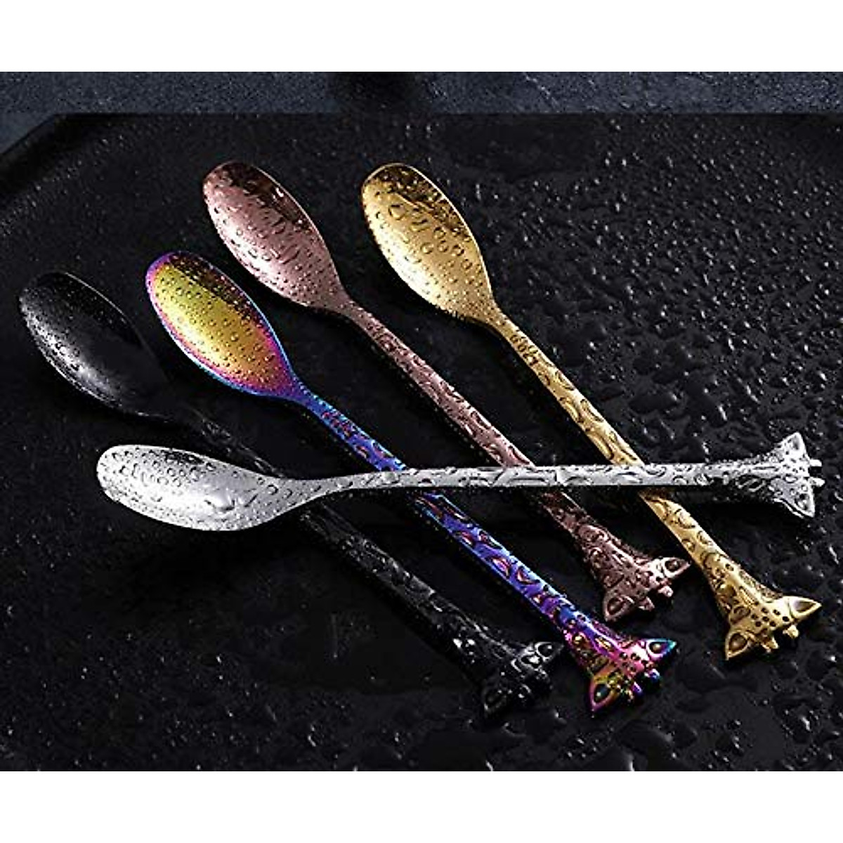 Mengbaobao 5 PCs Giraffe Handle Tea Coffee Spoons Desserts Cakes Ice Cream Server Stainless Steel Flatware Dinnerware
