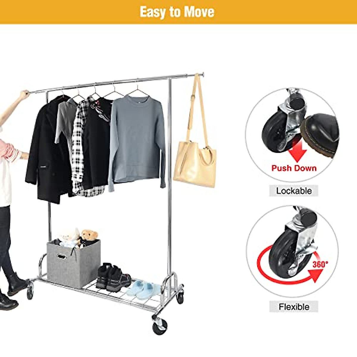 ALBOMI Adjustable Commercial Clothes Rack Heavy Duty On Lockable Wheels, Large Portable Clothing Rack For Hanging Clothes, Rolling Garment Racks With 1 Rod & Shelf For Entryway Bedroom Balcony