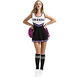 JELEUON Women Sexy Cheerleader Uniform School Musical Dance Dress Match Pom poms Socks Halloween Costume Fancy Dress Outfits