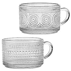 Bandesun Vintage Glass Coffee Mugs Tea Cups, 14 Oz Set of 2 - Stackable Embossed, Glassware with Handle, for Cappuccino, Latte, Cereal, Yogurt, Beverage Hot/Cold, Milk