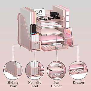 SUPEASY Mesh Desk Organizer with File Holder, 5-Tier Paper Letter Tray Organizer with Magazine Holder, Desktop Organizer and Storage with Drawer for Office Supplies Home or School, Pink