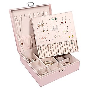 Allinside Jewelry Box Organizer for Ladies Girls, Double Layers PU Leather Jewelry Storage Case with Lock, Velvet Lining, Pearl Pink