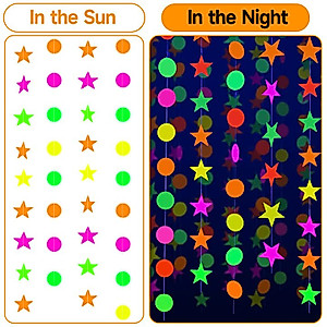90ft Paper UV Round Neon Garland Stars Neon Streamers Black Light Decorations for Glow Party Supplies and Decorations UV Reactive Neon Party Favors Glow in The Dark Party
