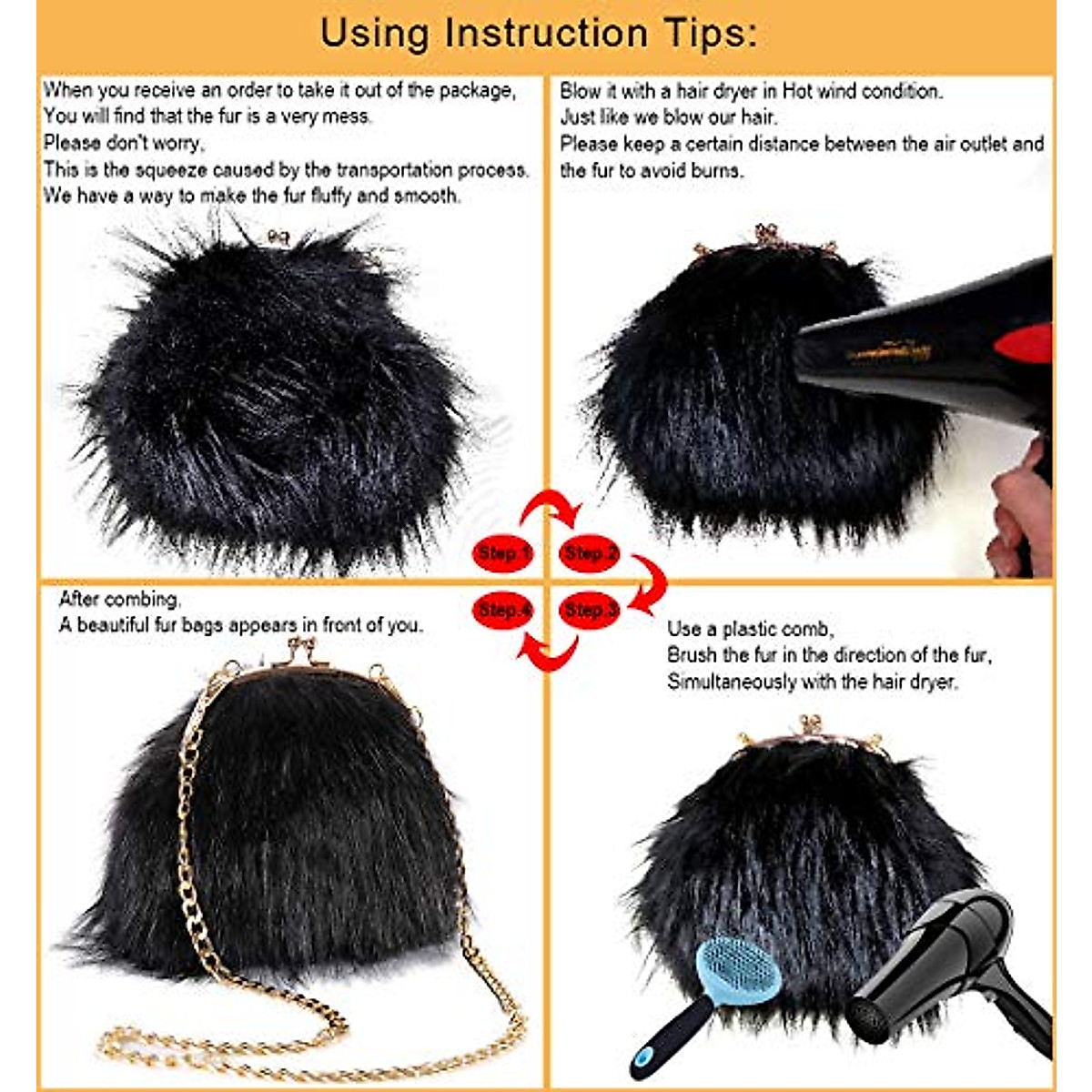 FHQHTH Faux Fur Purse Fashion Clutch Handbag Shoulder Vintage Evening Bags for Women [Black]
