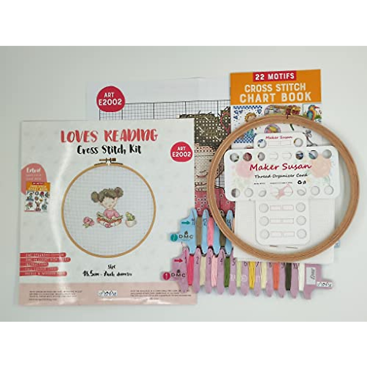 Maker Susan Loves Reading Pattern Counted Cross Stitch Kits for Adults and Beginners with Wooden Hoop, DMC Fabric, Threads and Needles, Embroidery Thread Floss Organizer Cards, Embroidery Kit (E2002)
