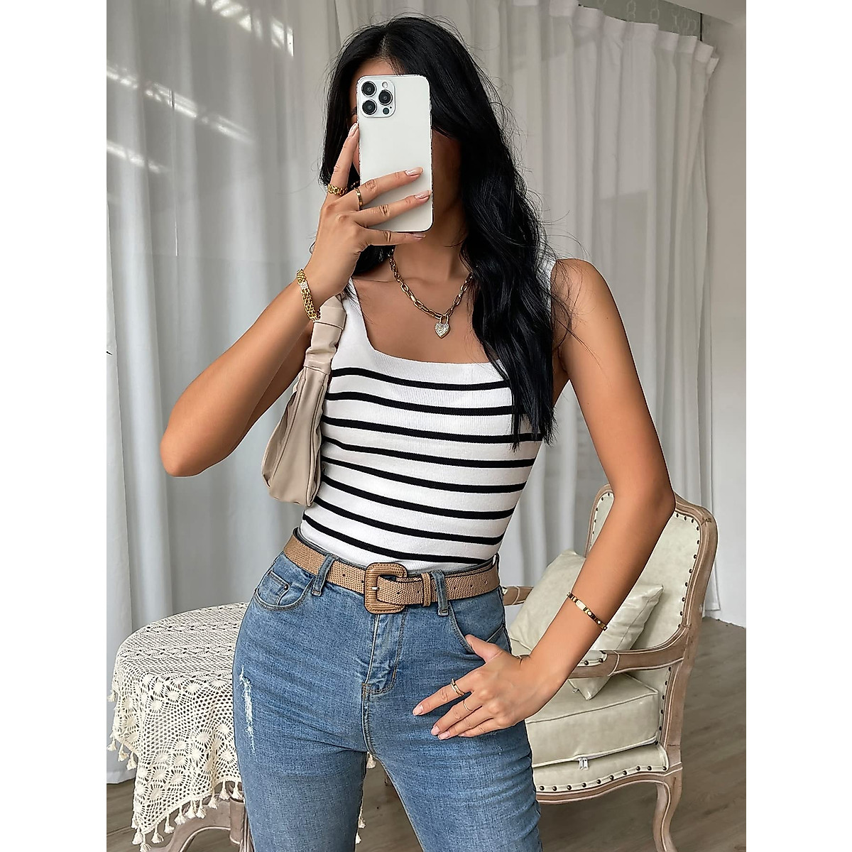 SOLY HUX Women's Square Neck Tank Top Basic Ribbed Knit Cami Casual Sleeveless Slim Fit Tops White XS