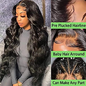 26 Inch Body Wave Lace Front Wigs Human Hair Pre Plucked 180% Density 13x4 HD Lace Front Wigs for Women Glueless Wigs Black Unprocessed Brazilian Virgin Human Hair with Baby Hair Bleached Knots
