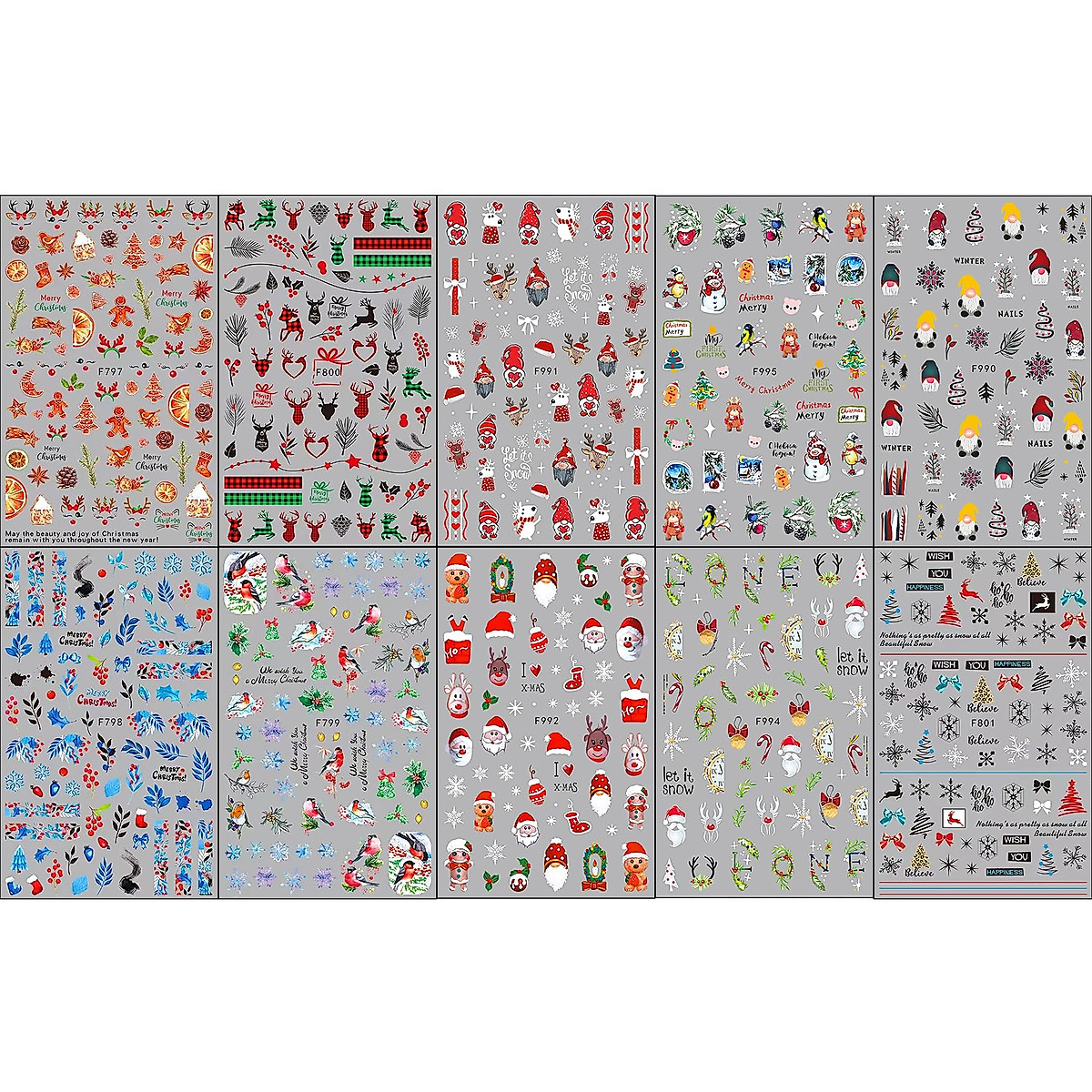 JMEOWIO 10 Sheets Christmas Nail Art Stickers Decals Self-Adhesive Pegatinas Uñas Snowflake Xmas Winter Holiday Cute Nail Supplies Nail Art Design Decoration Accessories