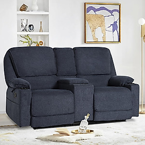 KIGOTY Loveseat Recliner Sofa,2 Seat Reclining Loveseat,Manual Recliner Sofa,Home Theater Seating with Storage Console，RV Love Seat Couch Chair with 4 Cup Holders,Navy Blue