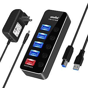 Powered USB Hub, atolla Aluminum 5-Port USB 3.0 Hub with 4 USB 3.0 Data Ports and 1 USB Smart Charging Port, USB Splitter with 5V/3A Power Adapter and Individual Switches