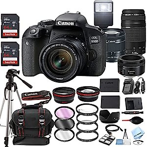 EOS 800D (Rebel T7i) DSLR Camera w/EF-S 18-55mm F/4-5.6 is STM Zoom Lens + 75-300mm F/4-5.6 III Lens + EF 50mm f/1.8 STM Lens + 128GB Memory + Case + Tripod + Filters (40pc Bundle)