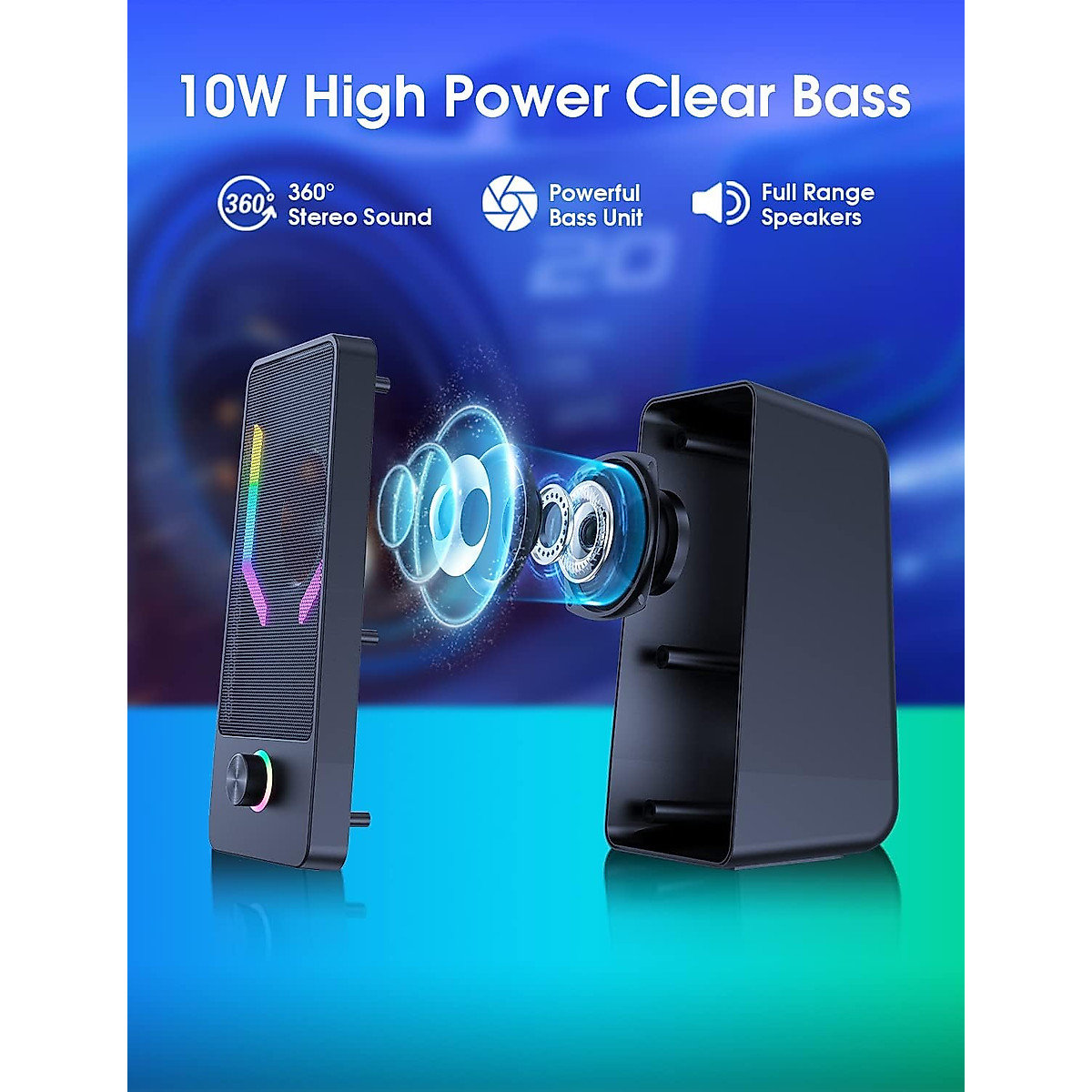 NOOTRY Computer Speakers, Gaming Desktop Speakers with 7Color Backlit, 10W USB Powered Volume Control Speakers, 2.0CH Stereo Laptop Speaker, Bluetooth&USB Audio for PC, Monitor, Mac, Tablet, Phone