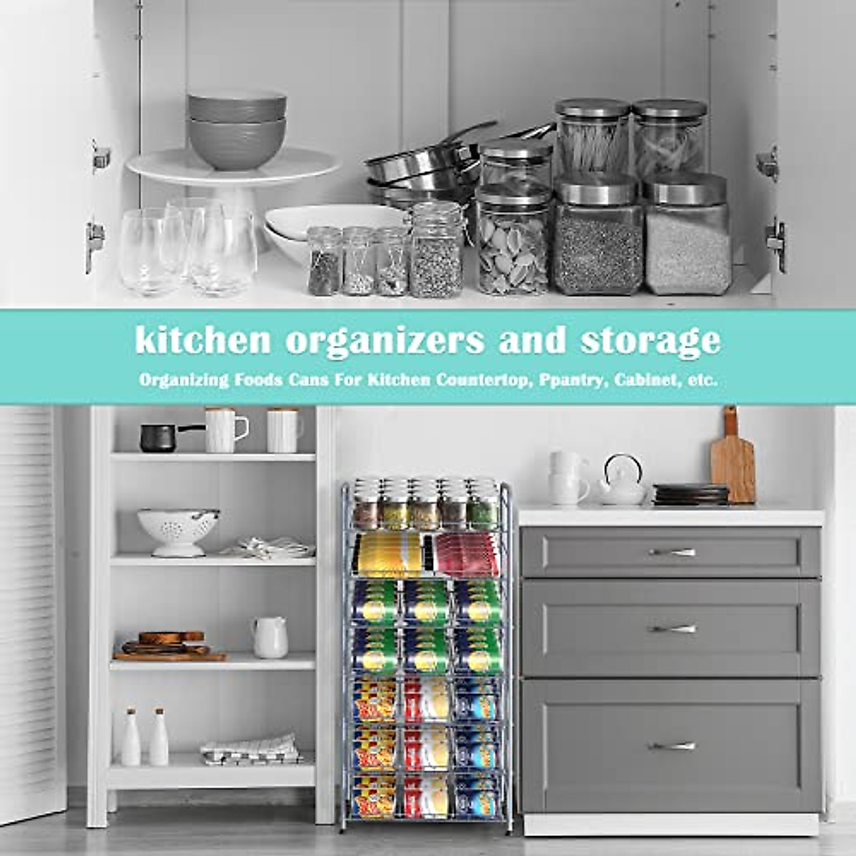 Shinoske Kitchen Storage Can Rack Organizer, 7 Tier Stackable Can Storage Dispenser, Can Storage Organizer Rack for Canned Food Kitchen Cabinet Pantry Countertop, Silver