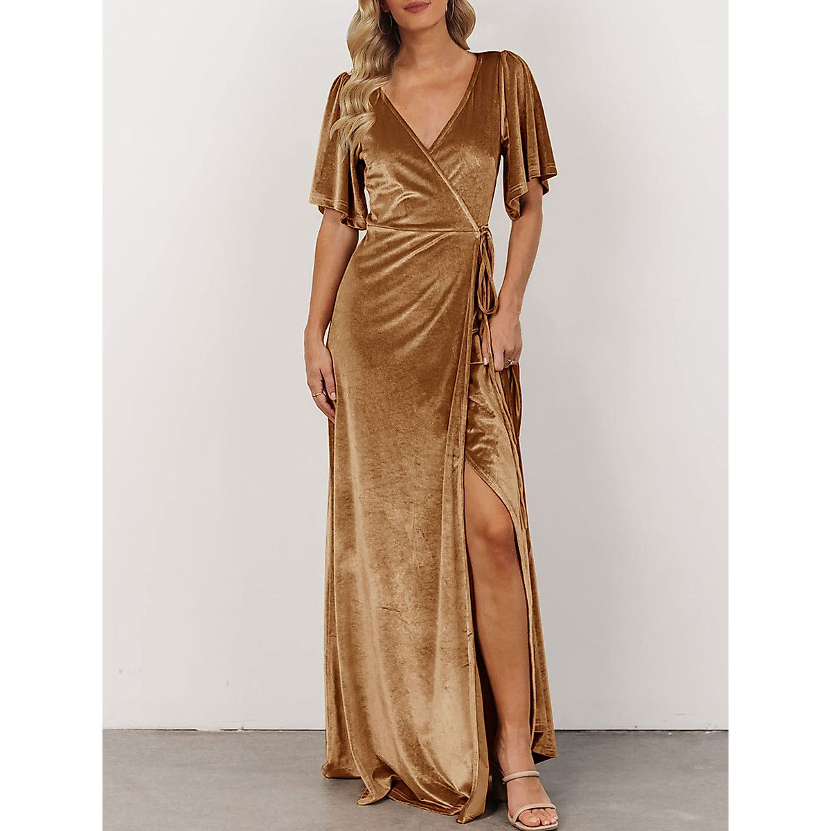 MEROKEETY Women's V Neck Wrap Velvet Maxi Dress Bell Sleeve Split Bridesmaid Cocktail Party Dresses, Golden, X-Large