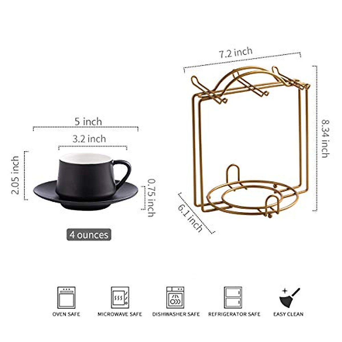 YHOSSEUN Coffee Cup Set Espresso Cups with Saucers Set with Cup Holder 4 oz Espresso Cup Set of 6 - Demitasse Cups Black