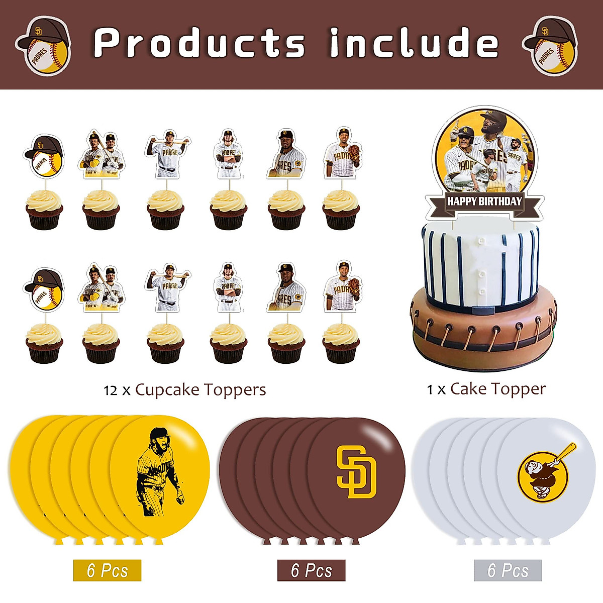 Baseball Team of San-Diego Birthday Party Decorations, Baseball Theme Party Supplies with Happy Birthday Banner, Cake Topper, Cupcake Toppers, Balloons for Kids Adults Birthday Party Favors