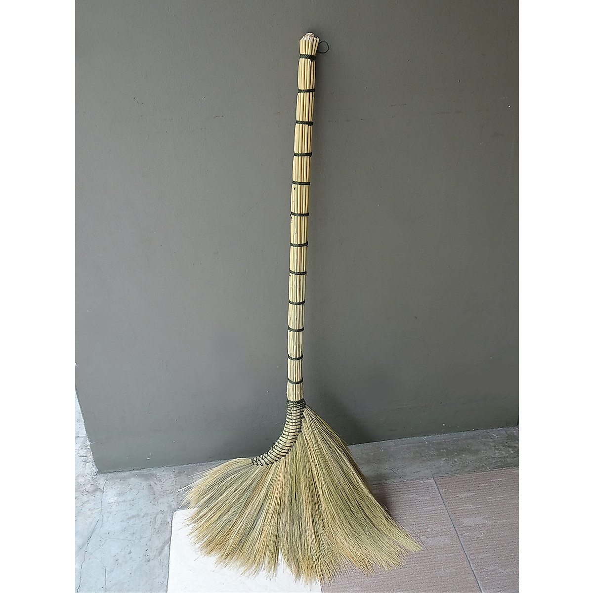 Handmade Asian Thai Broom Thick Natural Grass Brush & Handle Broomstick in Vintage Viet Whisk Straw Design