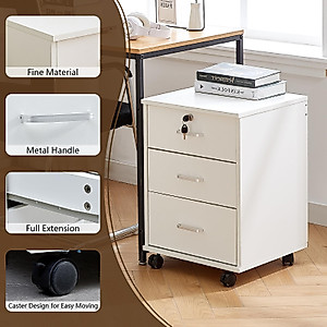 TUKAILAi Mobile File Cabinet with 3 Drawers, Under Desk Rolling Filing Cabinet with 4 Wheels for Letter/Legal / A4 Size, Wooden Stationery Storage Cabinet for Home Office (White)