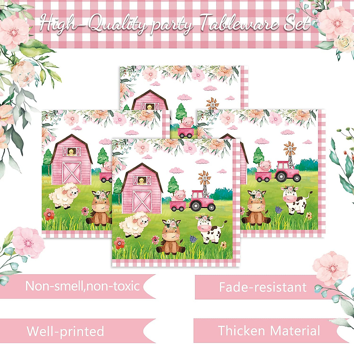 96PCS Farm Animals Party Supplies Tableware Set Farm Birthday Party Barn Animal Theme Party Cute Pink Animal Baby Shower Dessert Plate Dinner Plate Paper Napkins Forks Dinnerware for 24 Guests