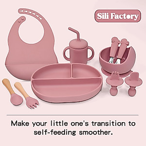 SILI FACTORY Silicone Baby Feeding Set - 10PCS Suction Bowl and Divided Toddler Plates Adjustable Bib Sippy Cup Spoons Forks -Baby Led Weaning Supplies,Toddler Baby Dish Set for 6+ Months