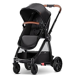 Mompush Ultimate2 Baby Stroller, Premium Convertible Full-Size Bassinet Stroller for Toddler, Newborn Stroller with Reversible Seat, One Hand Recline Pushchair Pram, Car Seat Adapter Included Black