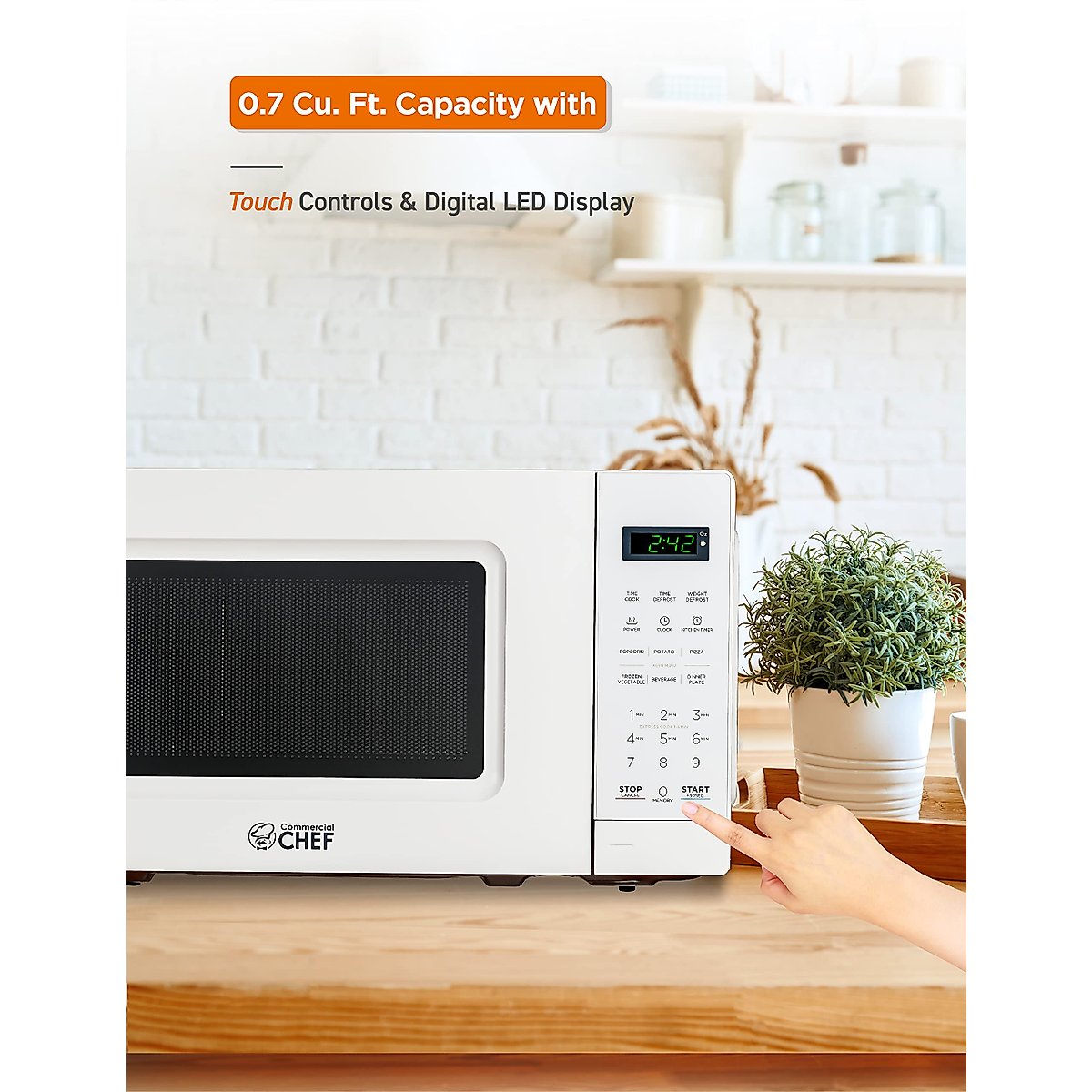 COMMERCIAL CHEF 0.7 Cu Ft Microwave with 10 Power Levels, 700W Microwave with Digital Display, Countertop Microwave with Child Safety Door Lock, Programmable with Push Button, White