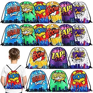 18 Pcs Hero Party Favors Bags Comic Heroes Drawstring Bag Backpacks Goodie Candy Gift Bags for Kids Girls Boys Birthday Party Supplies Decorations, 9.8 x 11.8 Inch