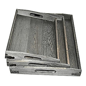 Owlgift Vintage Grey Wood Serving Trays with Brass Metal Wrap Accents, Set of 3