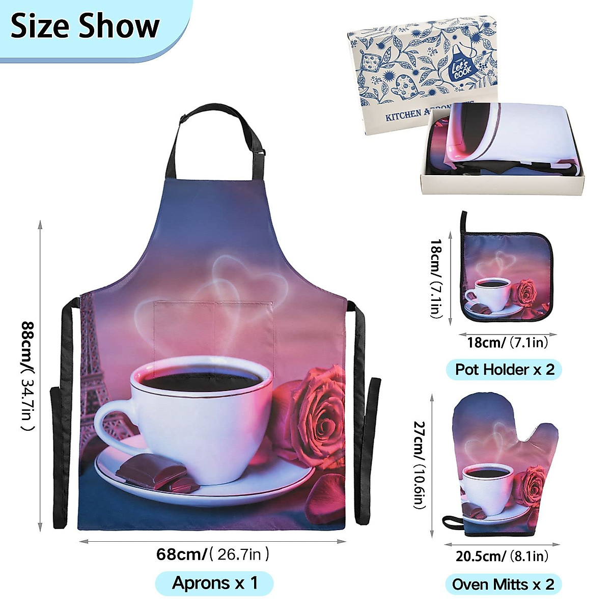 5Pcs Morning Coffee Oven Mitts and Pot Holders, Eiffel Tower Red Rose Long Kitchen Apron and Accessories Set Kitchen Linen Sets Potholders Oven Gloves for Women Men Baking Cooking BBQ