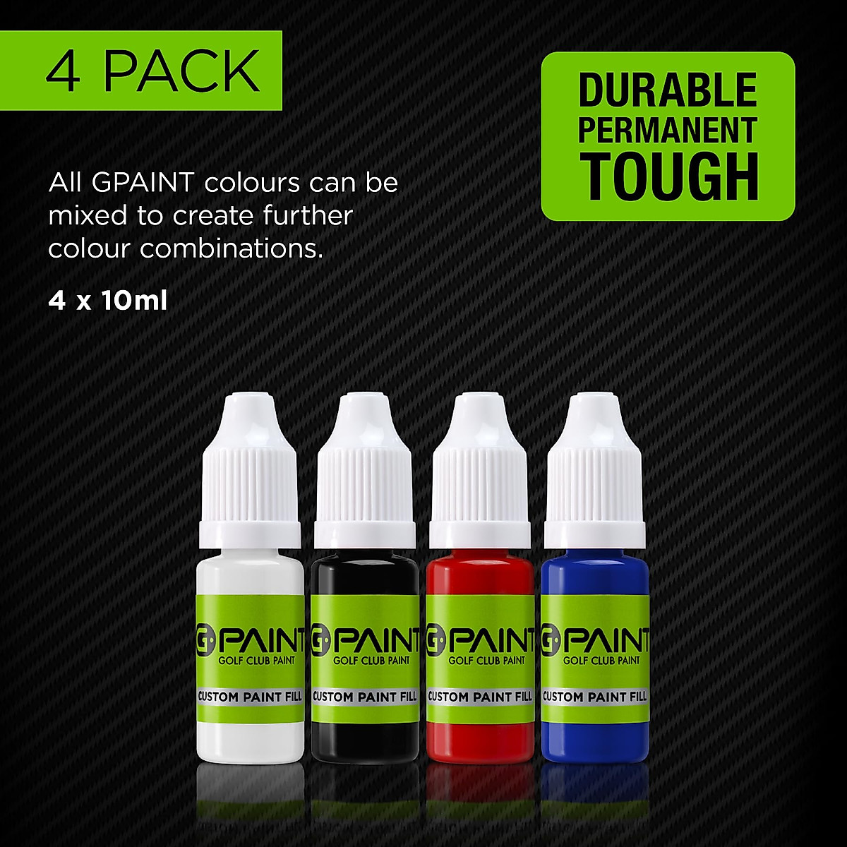 G-Paint Golf Club Paint - Touch Up, Fill in, Customize or Renovate Your Clubs - 4 Pack of 10ml Bottles. Black, White, Red & Blue