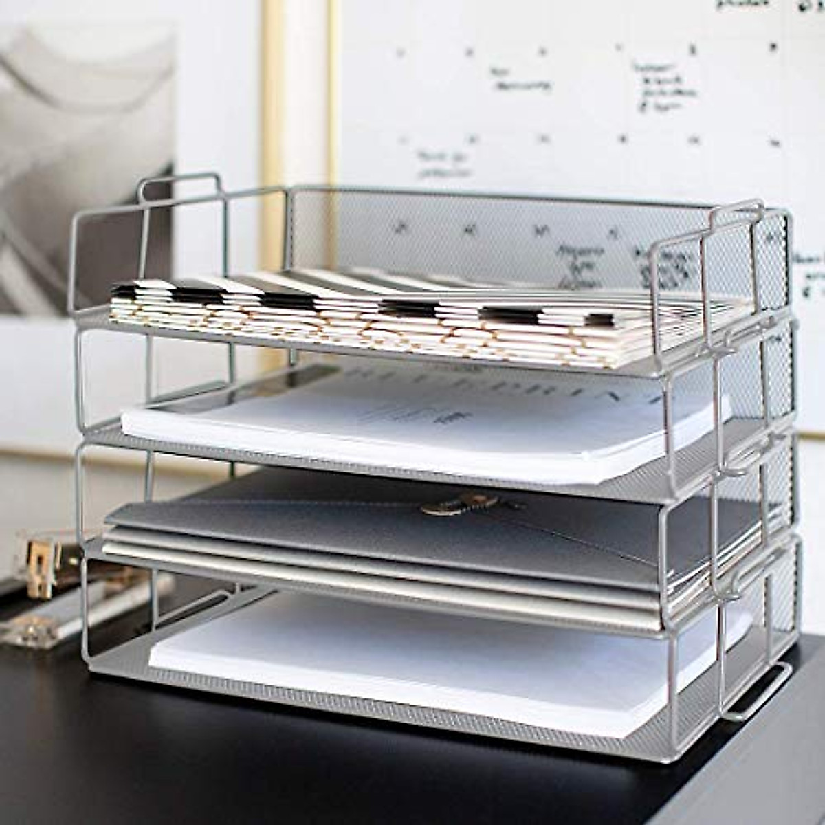 Blu Monaco Desk Organizers and Accessories Stackable Paper Tray - 4 Tier Stackable Letter Trays - Silver Metal Mesh File Holder Organizer