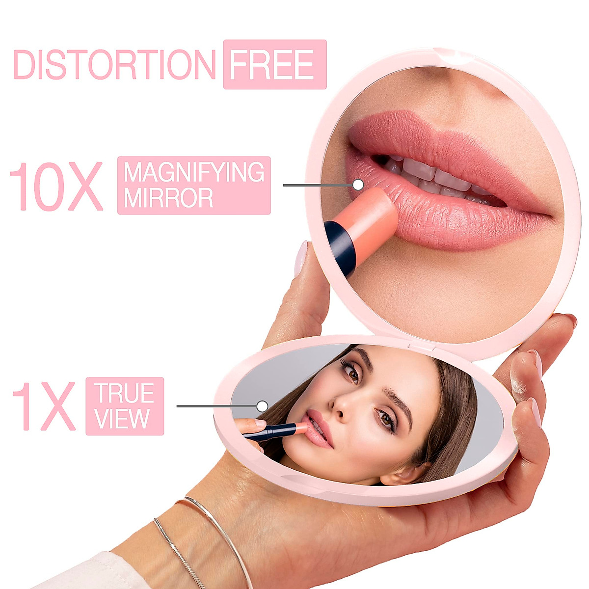 StudioZONE Compact Mirror for Purses - 10X Magnifying - Pink Compact Mirror - Perfect Magnification for Travel - 2-Sided - 10X Makeup Mirror and 1x True View - 4" Diameter