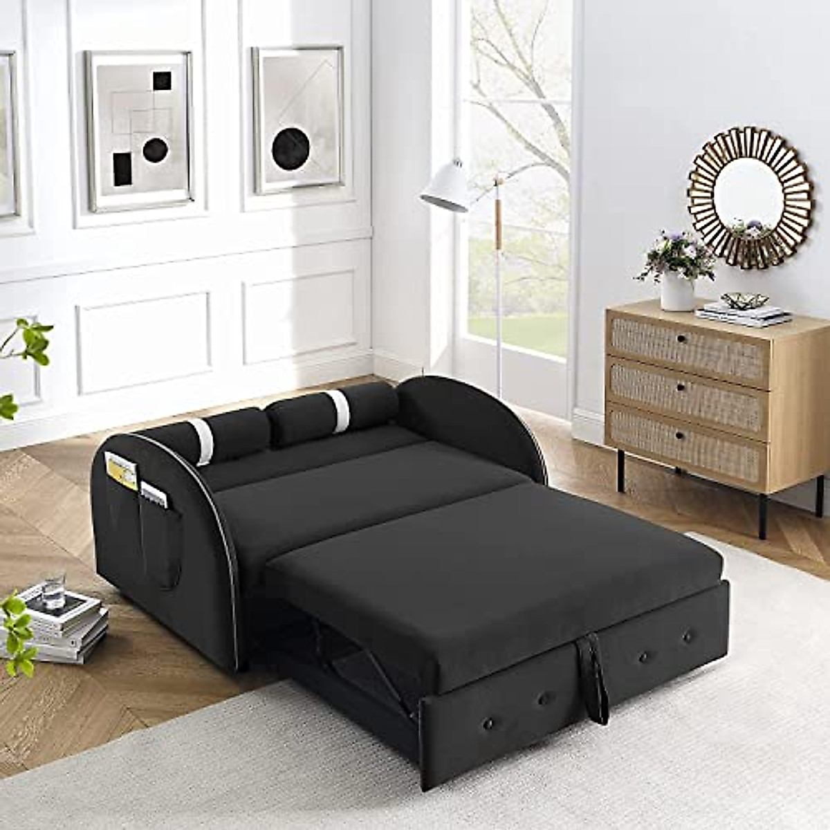 ERYE Modern Convertible Futon Sleeper Sofa with Pull Out Couch Bed, Functional Tufted Loveseat & Daybed for Home Office Apartment Studio Small Space Living Room Velvet Button Tufted Side Pockets