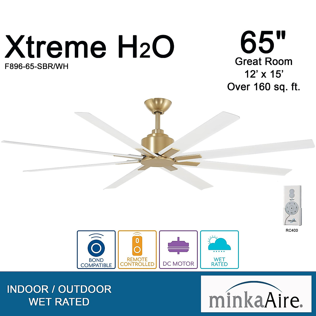MINKA-AIRE F896-65-SBR/WHF Xtreme H2O 65 Inch DC Motor Outdoor Ceiling Fan with Remote Control in Soft Brass Finish with Flat White Blades