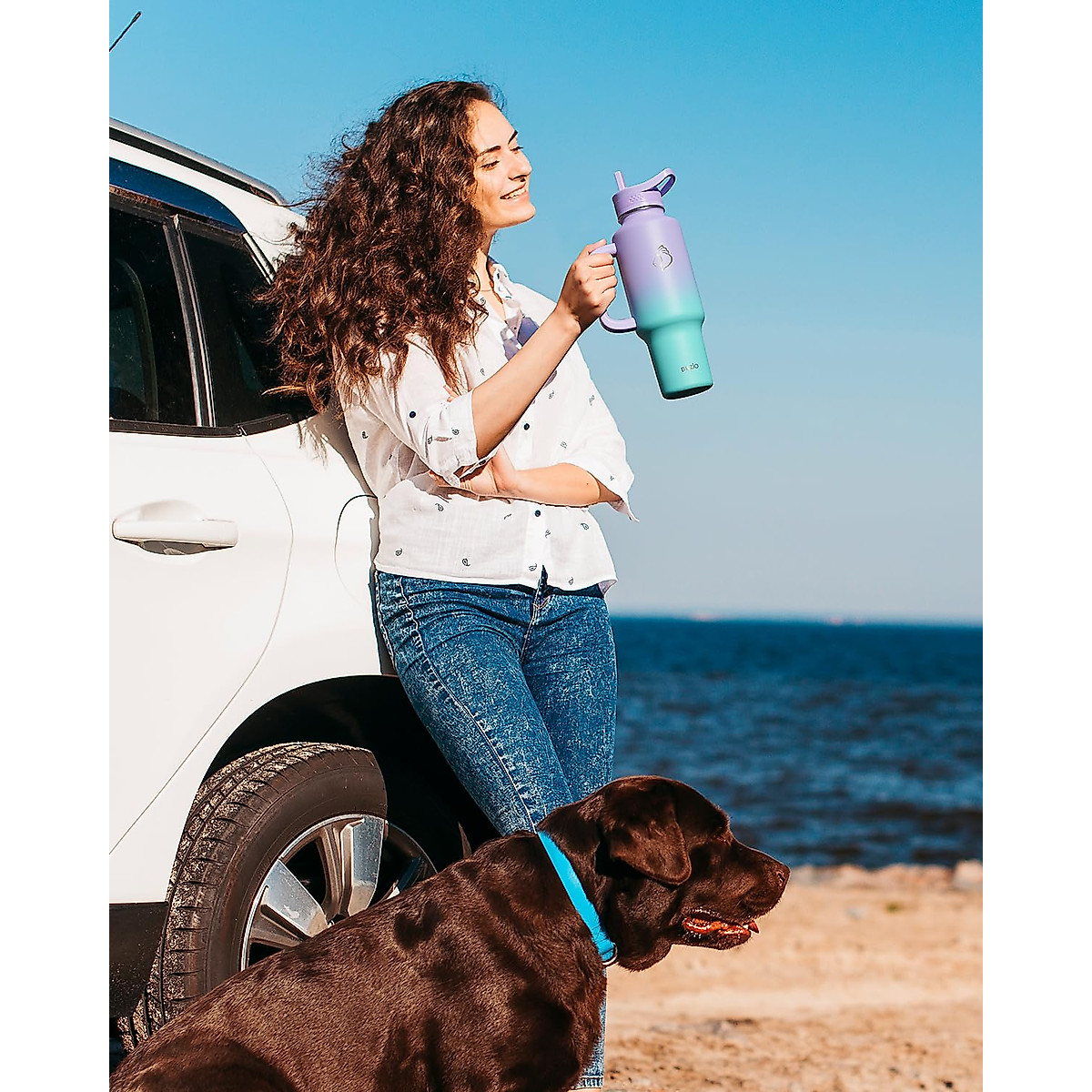 BUZIO Insulated Water Bottle with Handle & Flip Straw, 40oz Metal Travel Tumbler Fits in Cup Holders, Dishwasher Safe Leakproof Sport Thermos, Gift for Him&Her, Keep Cold for 48hrs, Dark Purple Green