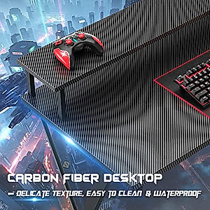 HYTXEN Gaming Desk with Led Lights, L Shaped Corner Computer Desk with Power Strip, Carbon Fiber Surface Gaming Table with Monitor Stand＆Cup Holder, Headphone Hook, Graphite Black