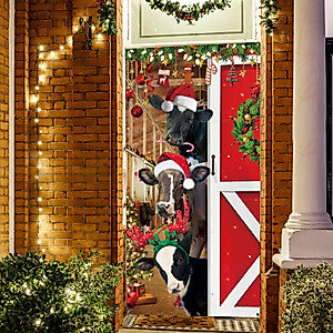 Zhanmai Cow Christmas Door Cover Decor Fabric Funny Merry Christmas Door Covers Decorations Xmas Party Santa Hanging Banner Backdrop Background for Front Door Holiday Winter New Year, 71 x 35 in