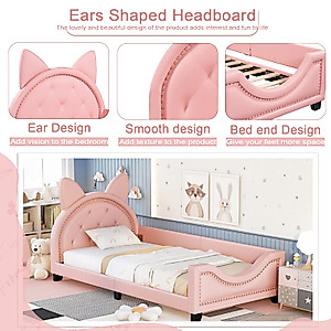 Cute Twin Size Upholstered Daybed, PU Leather Platform Bed with Carton Ears Shaped Headboard, Wooden Slat Supports Bed Frame for Kids, Girls, Boys, Child's Room, No Box Spring Needed (Pink)