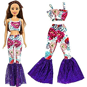 ZITA ELEMENT 3 Sets Fashion 28 Inch Girl Doll Clothes Dress Outfits - Quality Casual Wear Clothes Set, Fashion Sun Flower Off Shoulder Dress and Sequined Flared Pants for 28 Inch Girl Doll Clothing