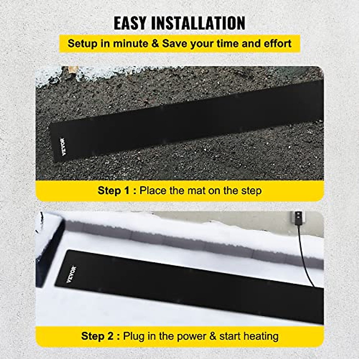 VEVOR, 15in x 10ft Walkway, 120V Ice, PVC Heated 6ft Power Cord, Slip-Proof, Ideal Winter Outdoor Snow Mat, 2'' per Hour Melting Speed, Black