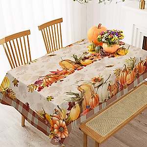 Hexagram Rectangle Thanksgiving Tablecloth with Countryside Leaves and Pumpkins Thankgiving Decorations, Printed Fall Tablecloth for Harvest, Thanksgiving Holiday and Parties Table Cover, 60x84 Inch