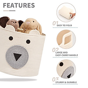 MELLBAY Cotton Rope Storage Basket, Cute Bear Toy Basket with Handles, Nursery Storage, Baby Laundry Basket, Clothes, Towels, Animal Baskets as Gift for Kids, christmas baskets, White, 16”(D) x 14”(H)