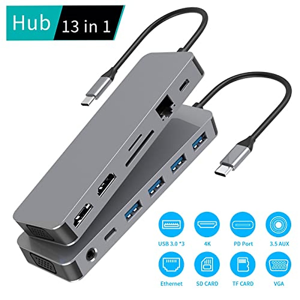 13 in 1 USB C Hub Multiport Adapter, with HDMI, 4K VGA Port, 100W Power Delivery, 3 USB 3.0 5Gbps, SD TF Card, PD Charging Port Docking Station