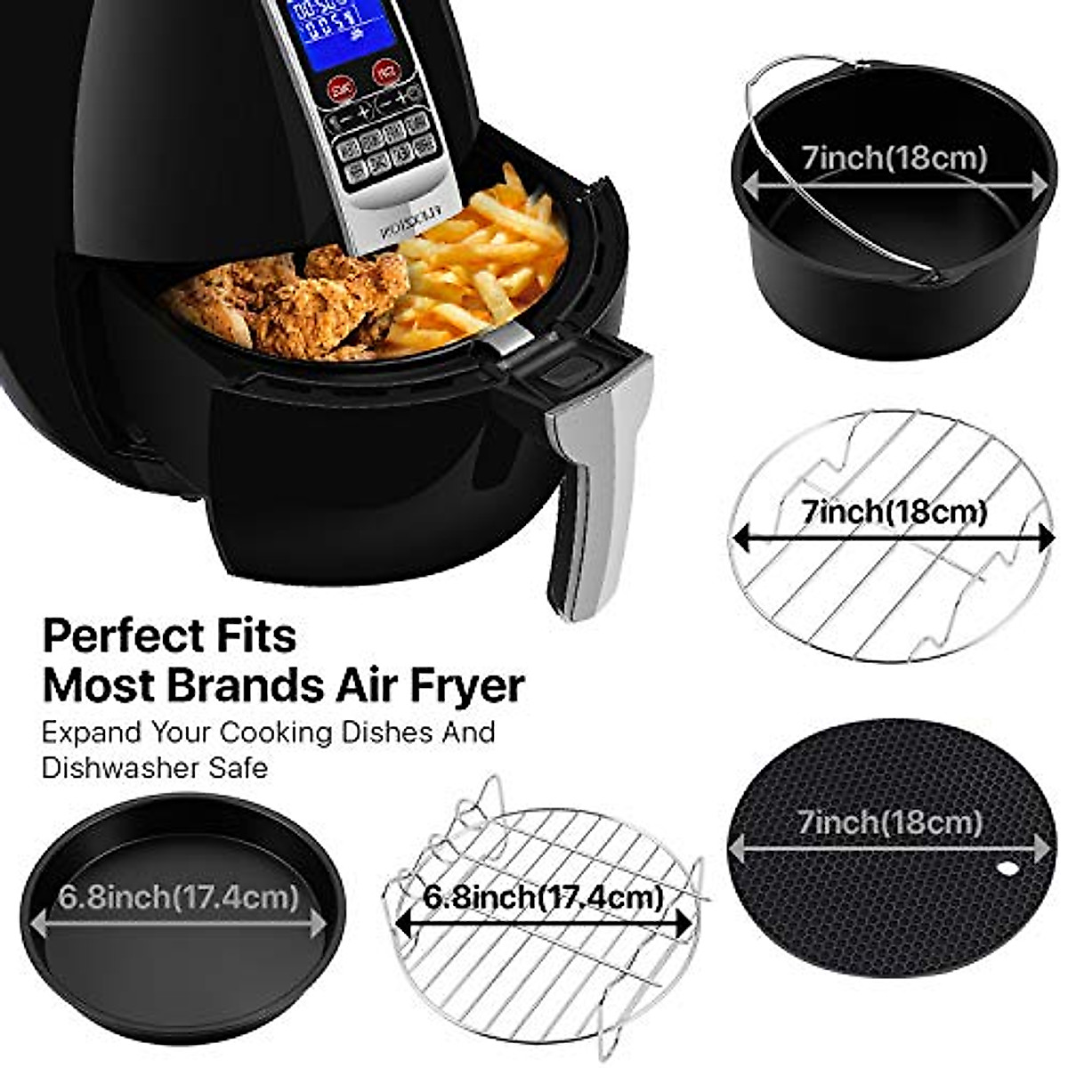 Flexzion Air Fryer Accessories for Phillips Gowise Ninja Foodi Cozyna Cosori Nuwave Air Fryer Accessories Parts 6 Set 7 Inch Fit All 2.6, 3.7, 5, 5.3, 5.8, 6, 8, 12 QT with Air Fryer Recipe Cookbook