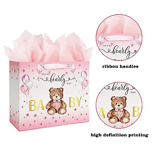 13" Large Baby Shower Birthday Gift Bag for Girl with Tissue Papers and Card Pink Balloons Bear Design with Handles