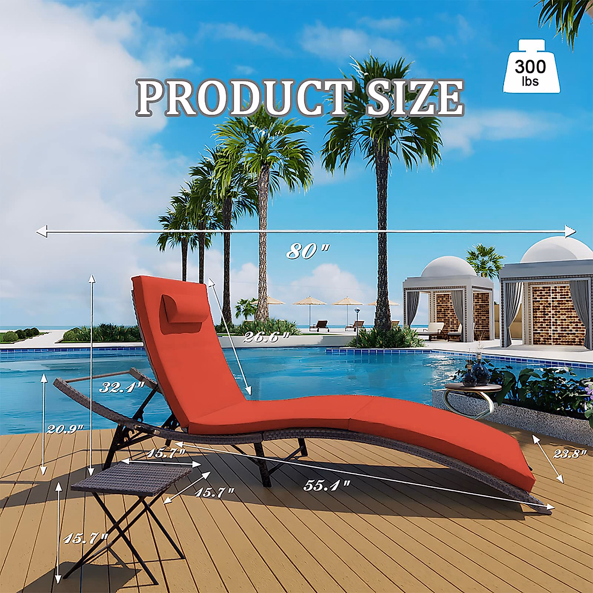 Kullavik Lounge Chair for Outside,3 Pieces Chaise Lounge Outdoor Folding Pool Lounge Chairs Including Table Rattan Patio Furniture Set,Red