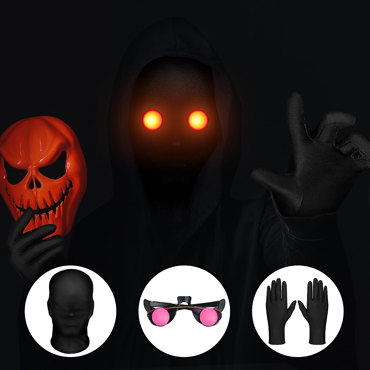 3 Pcs Halloween Glowing Grim Reaper Costume Accessories Set Black Full Face Mask Spandex Gloves with Glowing Eyes Glasses for Halloween Adult Masquerade Cosplay